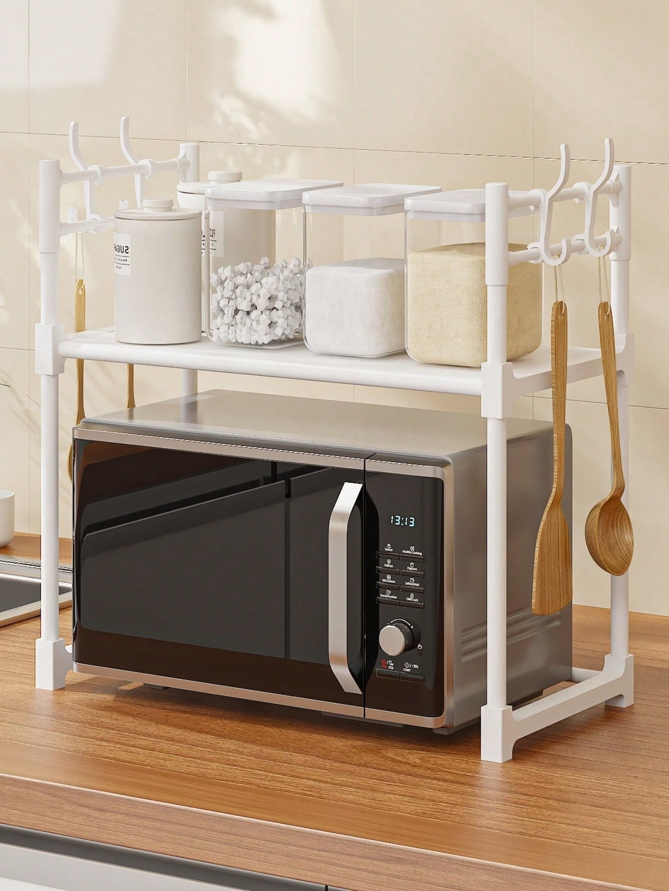 2-Tier Kitchen Countertop Organizer With Hooks - Plastic Tiered ...