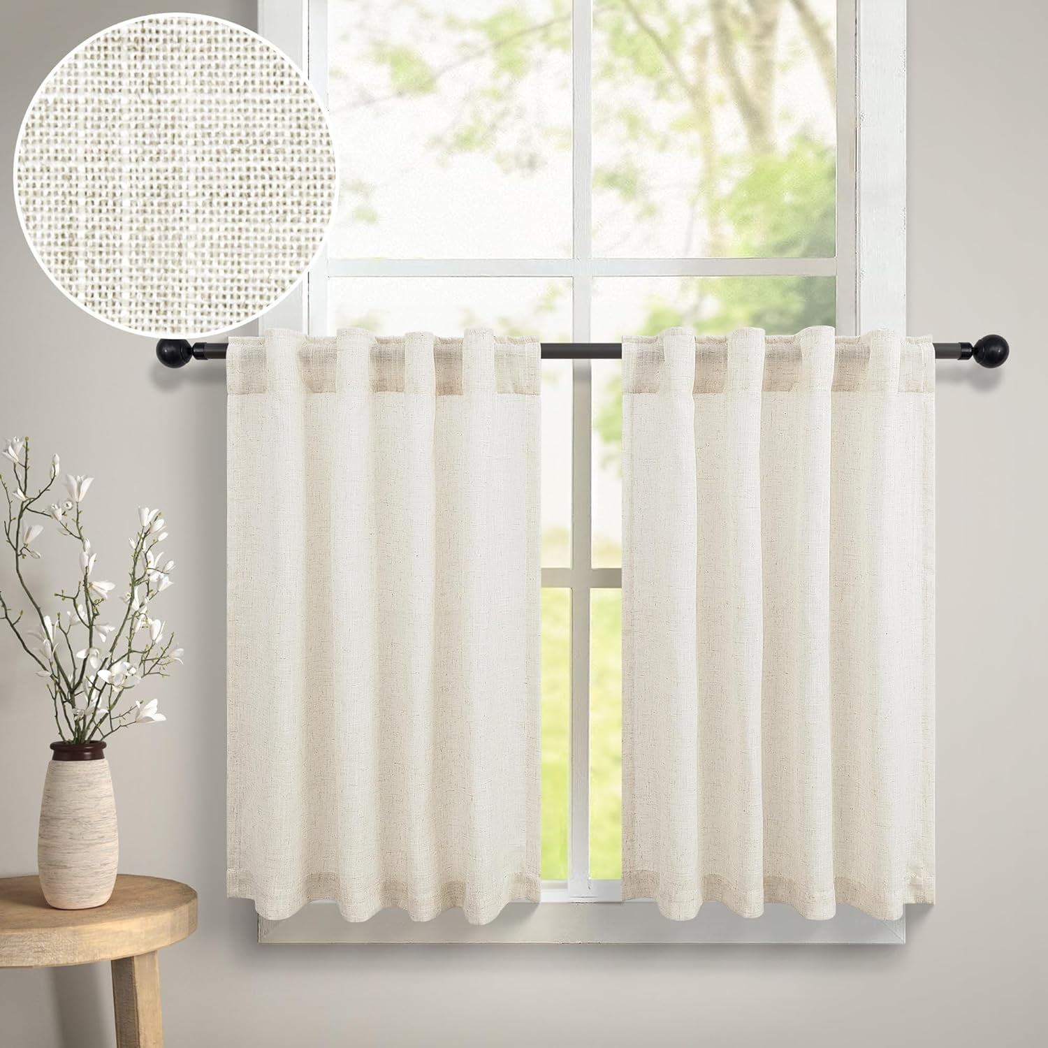 2 Tier Kitchen Curtain 36 Inch Length Back Tab Pocket Linen Light ...