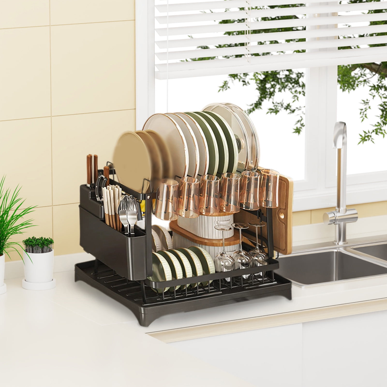 2-Tier Kitchen Dish Drying Rack, Stainless Steel Large Capacity Dish ...