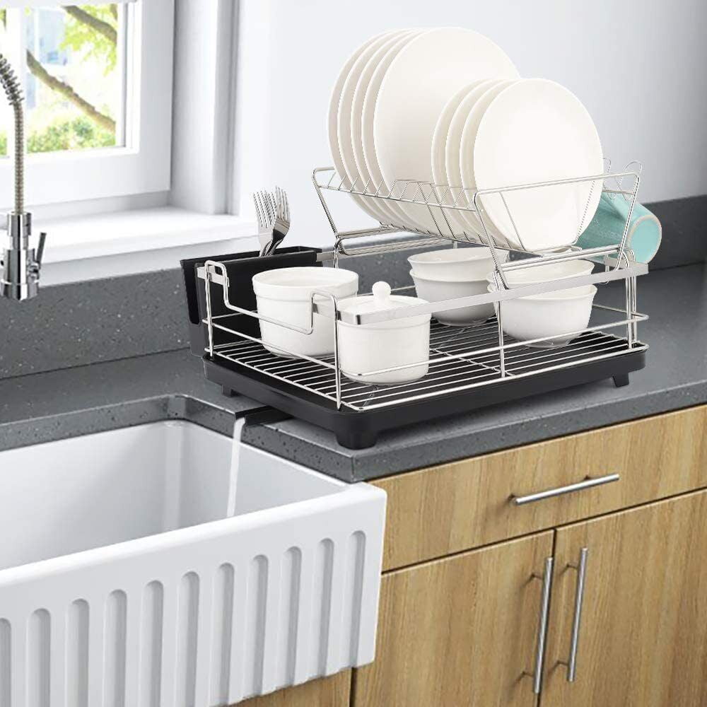 2 Tier Kitchen Dish Drying Rack Stainless Tray Cutlery Holder Drainer ...