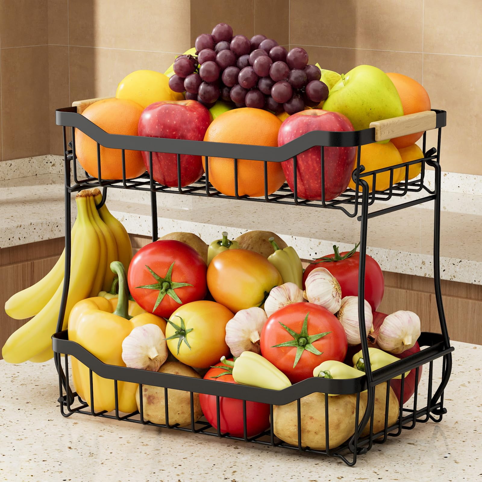2 Tier Kitchen Fruit Basket with Banana Hanger, Detachable Metal ...