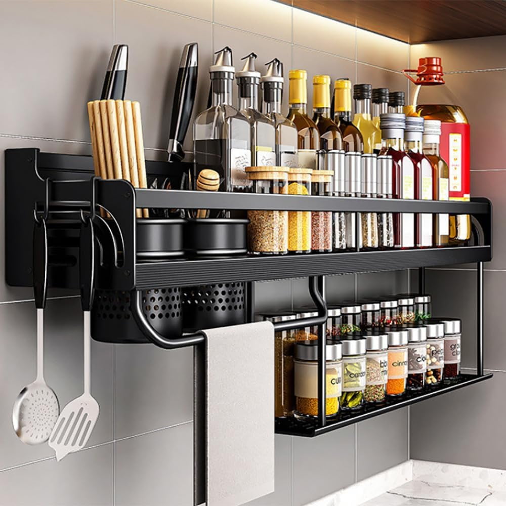 2-Tier Kitchen Organizer Rack Wall Mounted, Storage Shelf with 8-Hooks ...