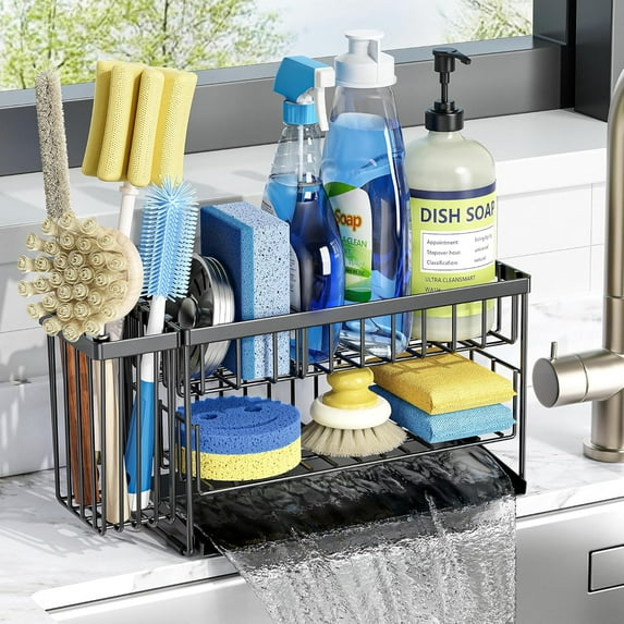 2-Tier Kitchen Sink Caddy Organzier Rack with Flexible Dish Brush ...