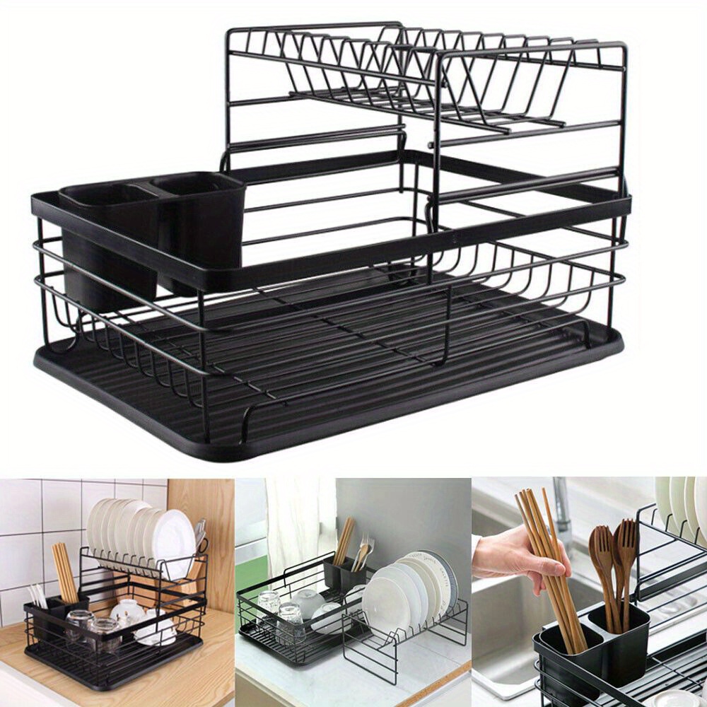 2 Tier Kitchen Sink Dish Drainer Rack with Drip Tray Cutlery Holder ...
