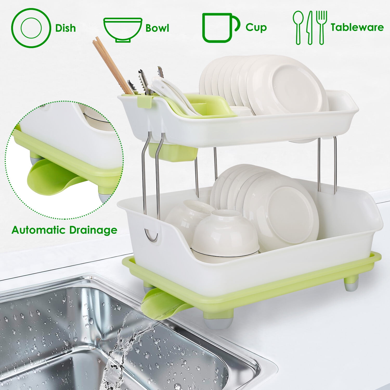 2 Tier Kitchen Utensil Holder Dish Bowl Drying Rack Drainer with ...