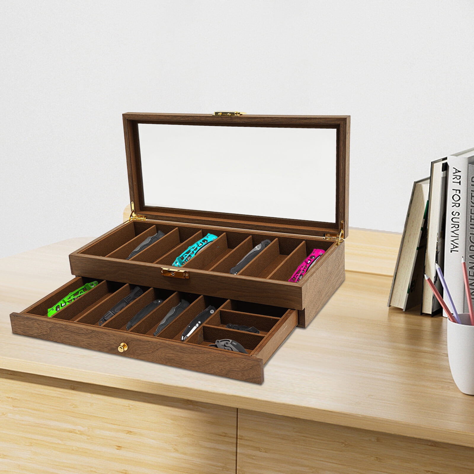 2-Tier Knife Storage Box with Glass Lid & Lock | Premium Walnut Design ...