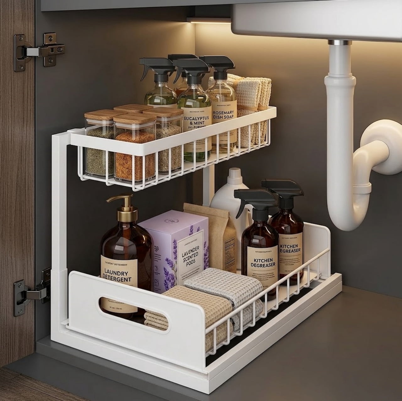 2-Tier L-Shape Under Sink Organizer, Slide Out Metal Kitchen & Bathroom ...