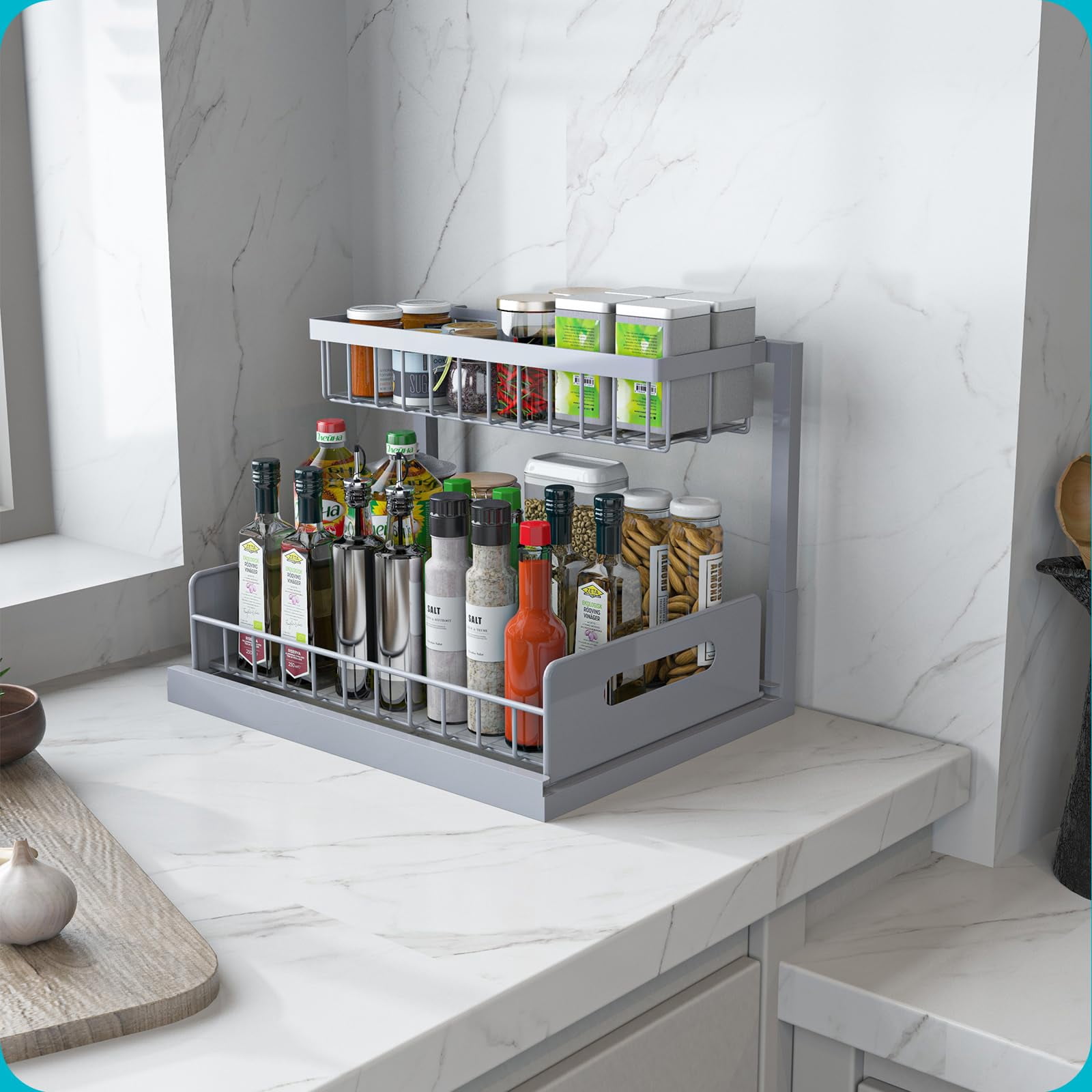 2 Tier L-Shaped Slide Out Metal Shelf, White Under Cabinet Pull-Out ...