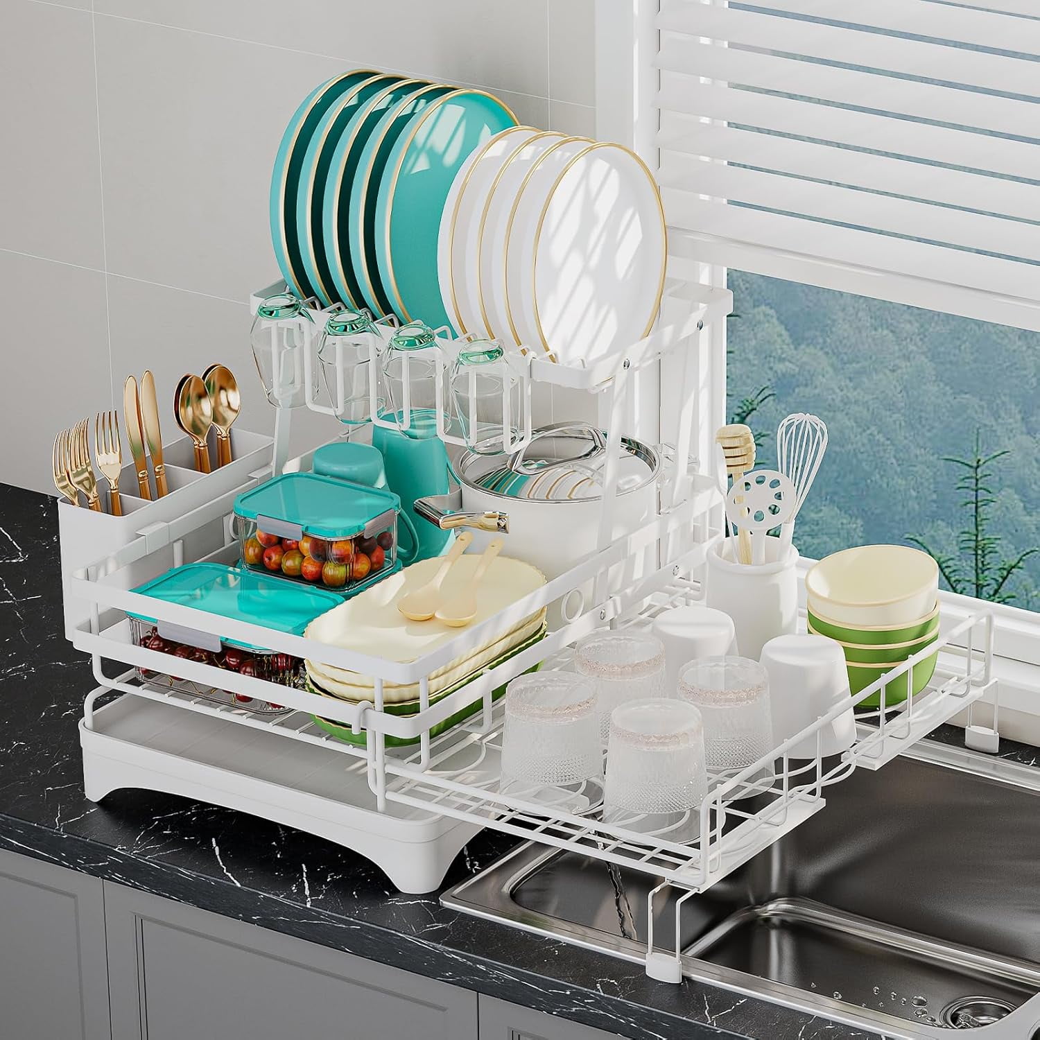 2 Tier Large Dish Drying Rack - Extendable Dish Rack, 2-in-1 Anti-Rust ...