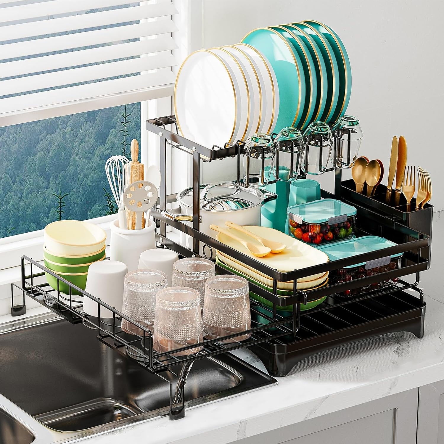 2 Tier Large Dish Drying Rack - Extendable Dish Rack, 2-in-1 Anti-Rust ...