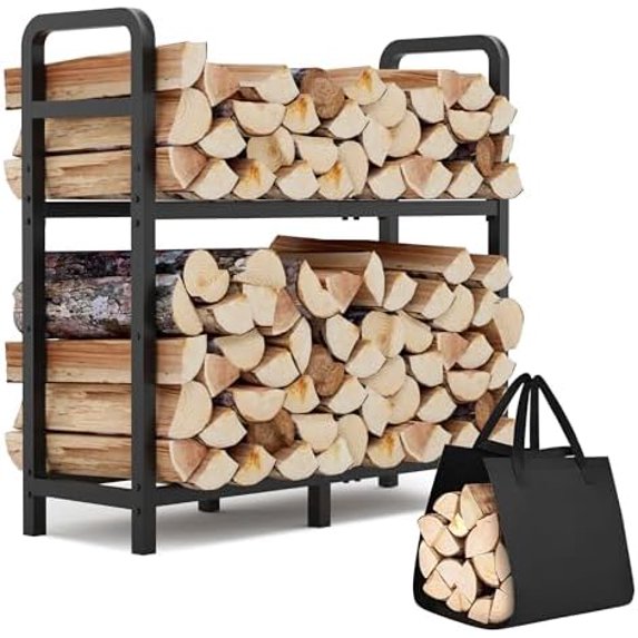 2-Tier Large Firewood Rack Outdoor Indoor with Log Carrier Bag, 30 ...