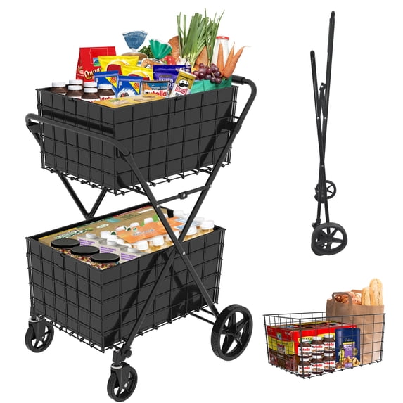 2-Tier Large Grocery Cart with Removable Baskets, Foldable Utility Cart ...