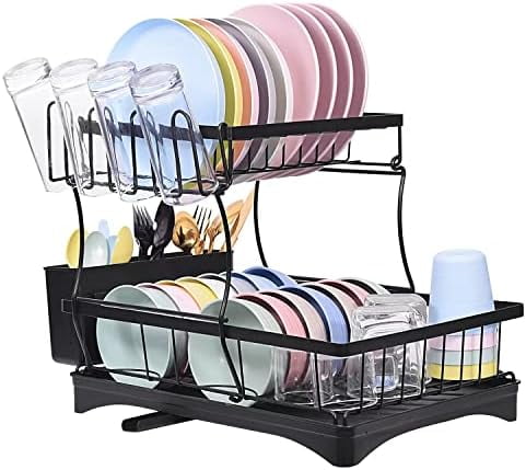 2 Tier Large Kitchen Dish Drying Rack with Drainboard Stainless Steel ...