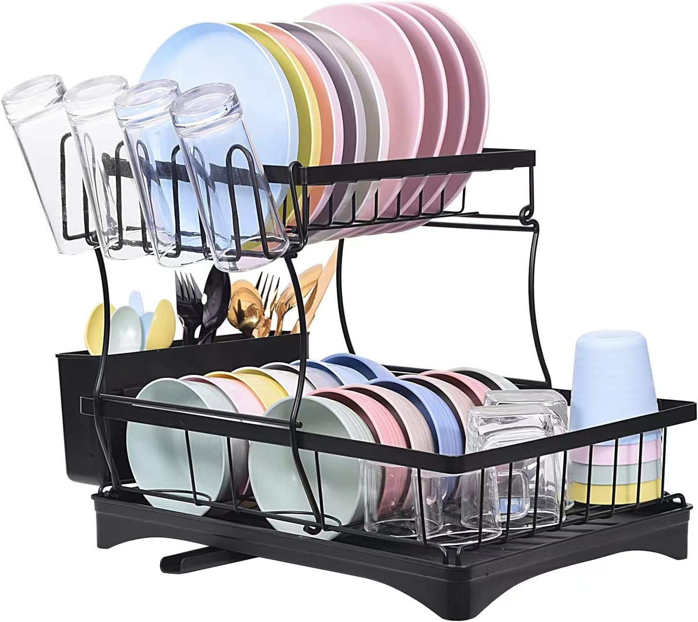 2 Tier Large Kitchen Dish Drying Rack with Drainboard Stainless Steel ...