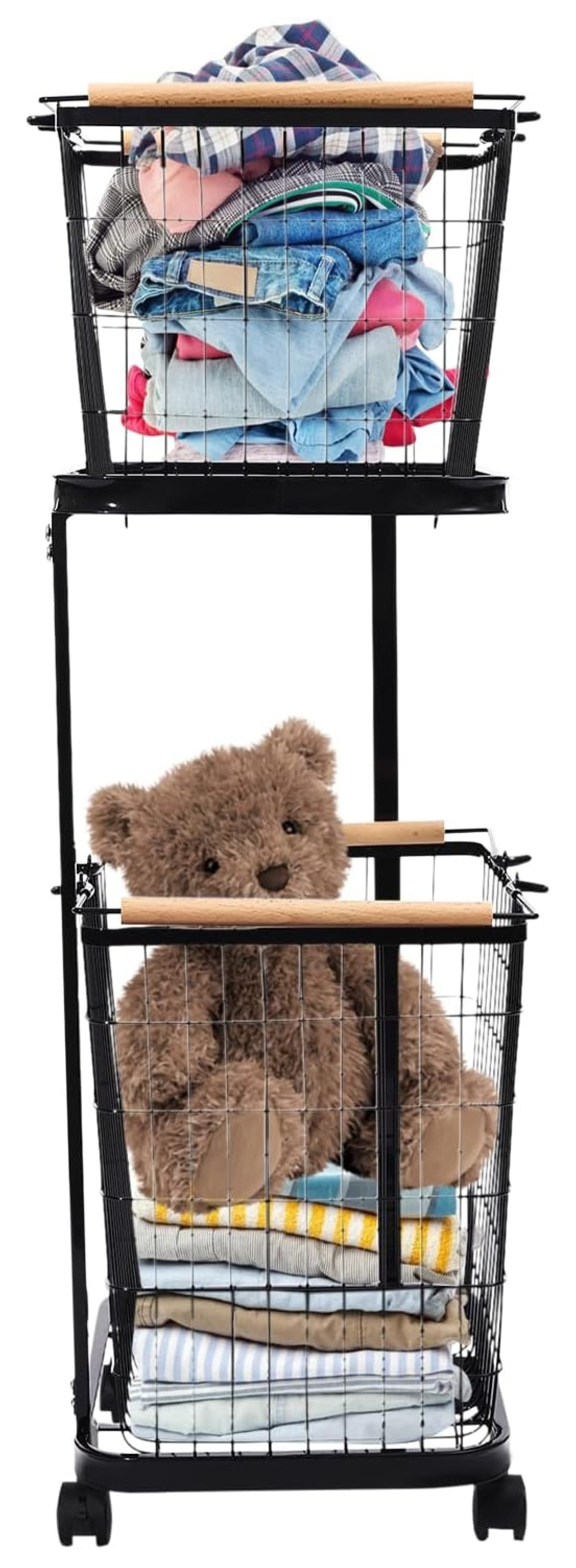 2-Tier Laundry Basket with 4 Universal Wheels, Laundry Cart with 2 ...