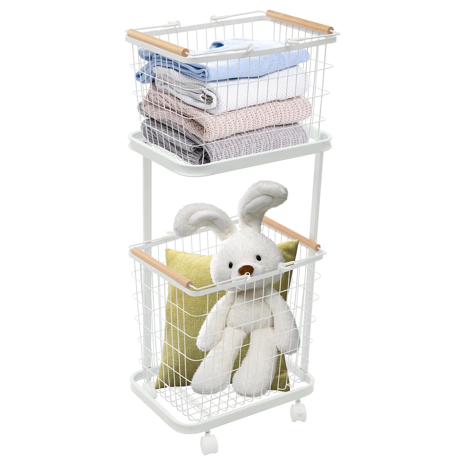 2 Tier Laundry Basket, Metal Laundry Basket with 2 Removable Baskets ...