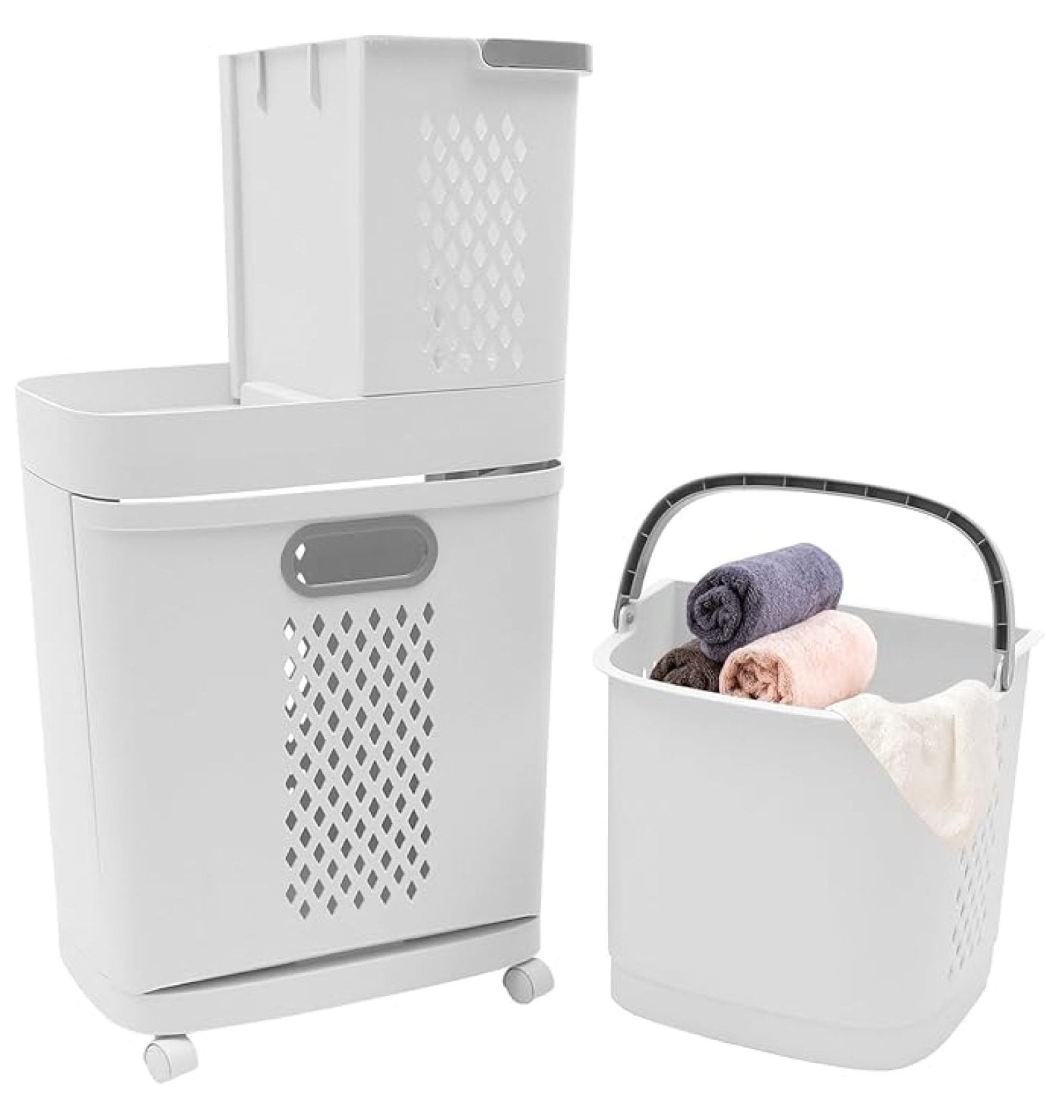 2-Tier Laundry Basket with Wheels, Movable Hamper - Bathroom & Bedroom ...