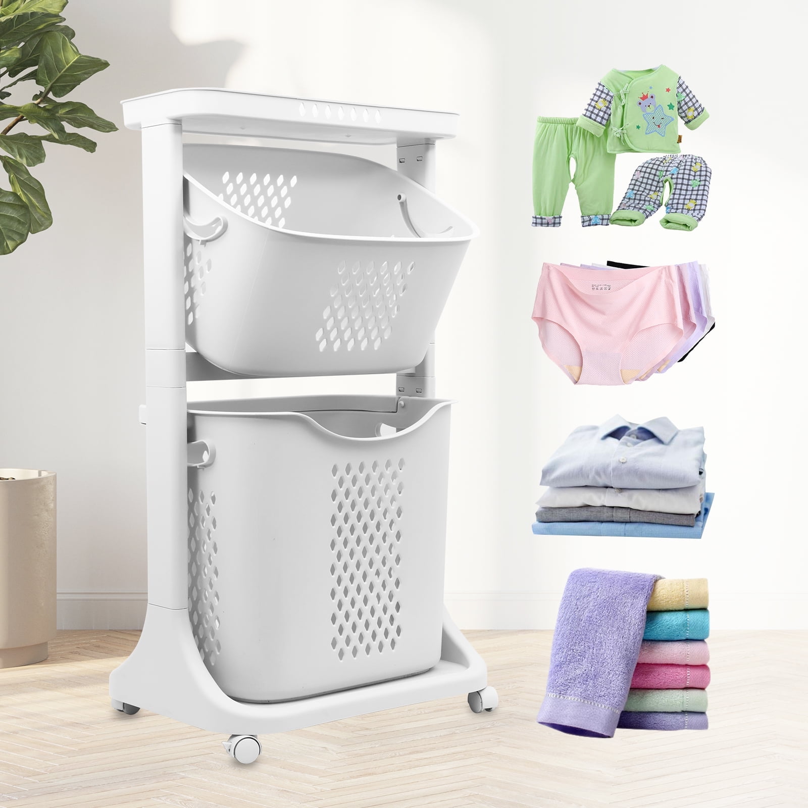 2-Tier Laundry Hamper Basket Sorter Bathroom Organizer with Wheels ...