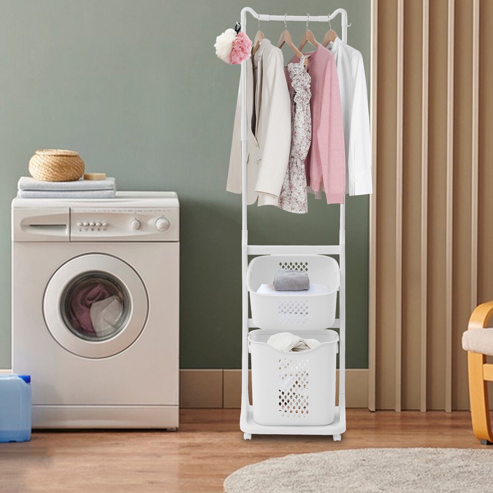 2 Tier Laundry Hamper Basket Sorter Clothes Storage Organizer Shelf ...