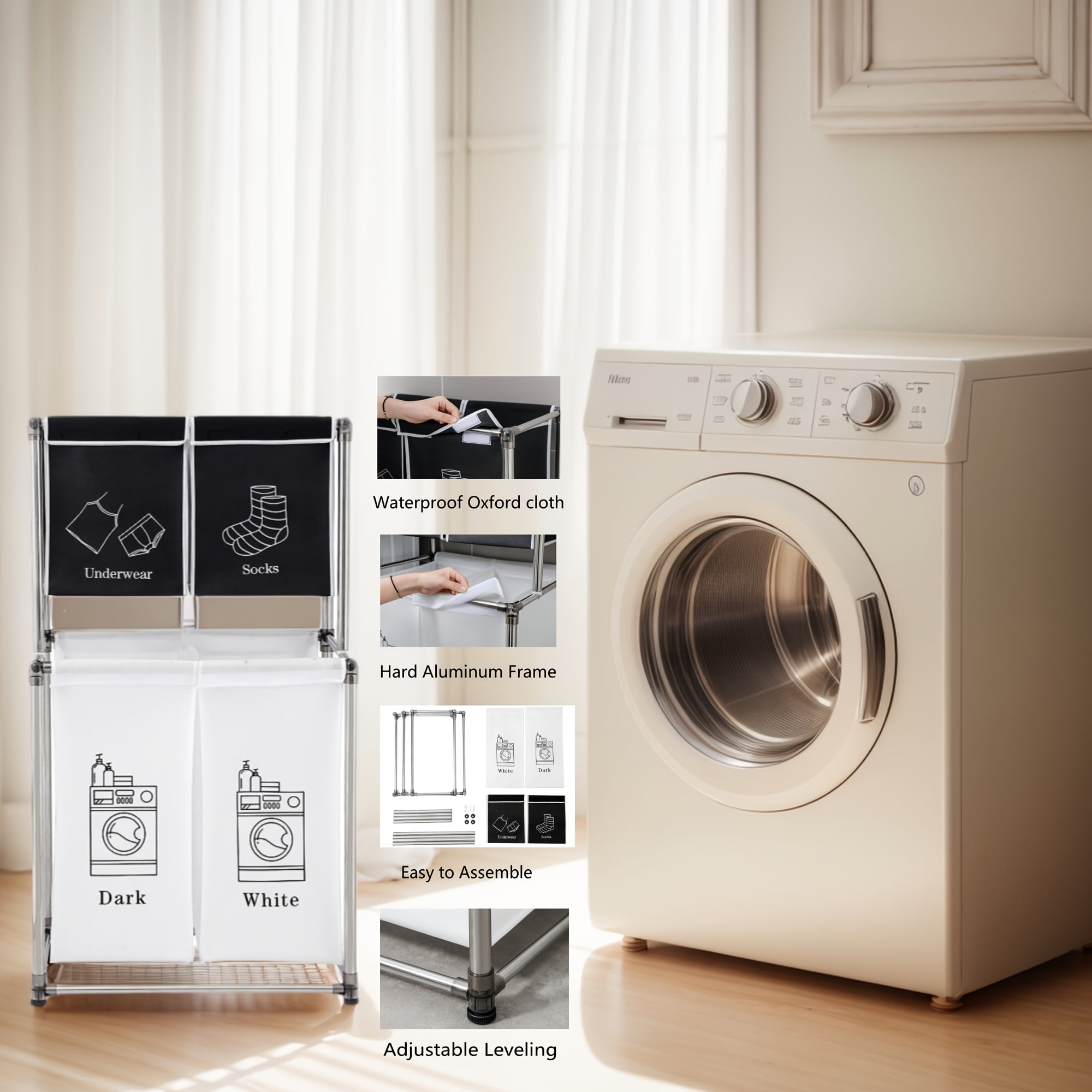 2-Tier Laundry Hamper with 4 Clear Bags - Waterproof Oxford Fabric ...