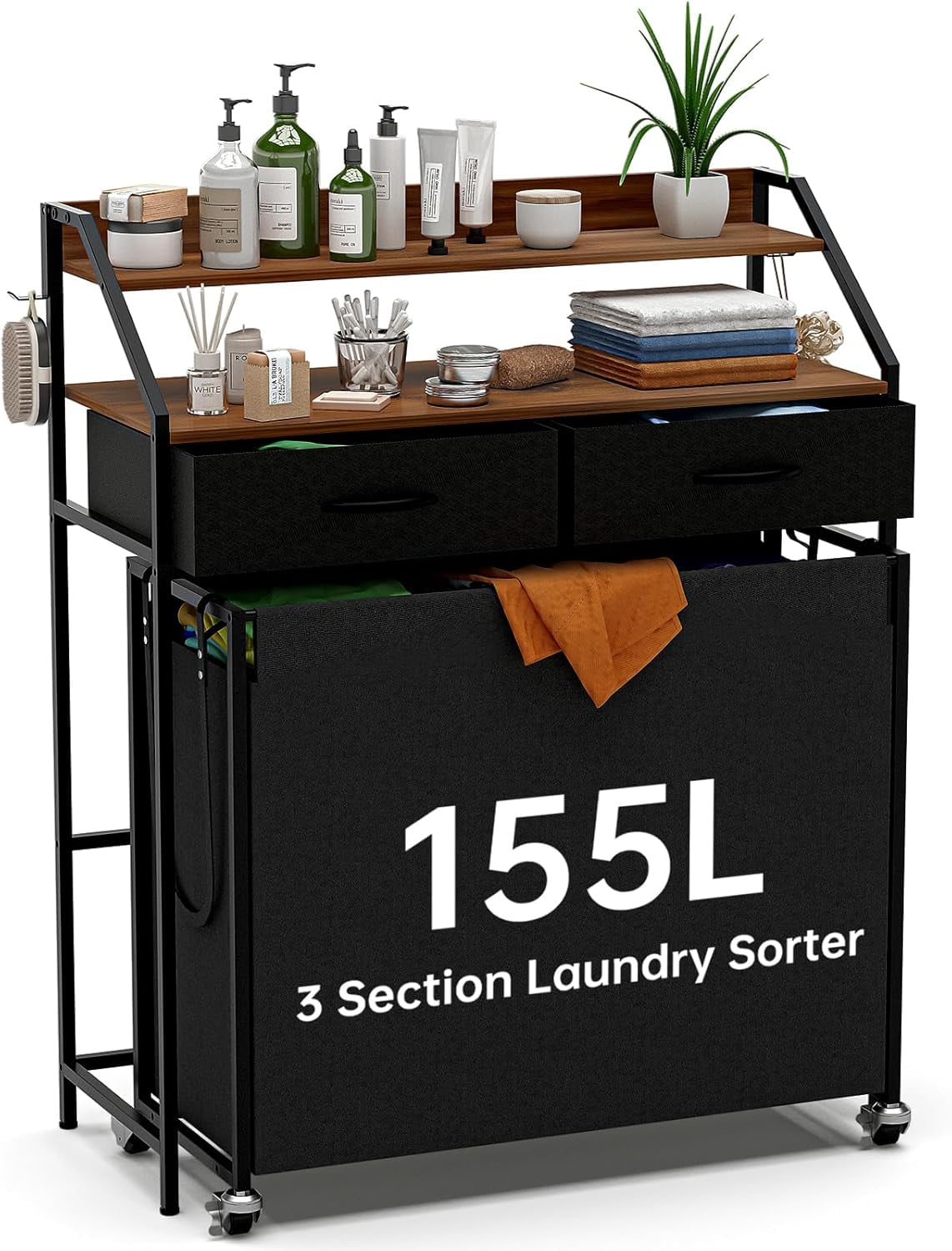 2 Tier Laundry Sorter with 3 Section Pull Out Bags Rolling Laundry ...