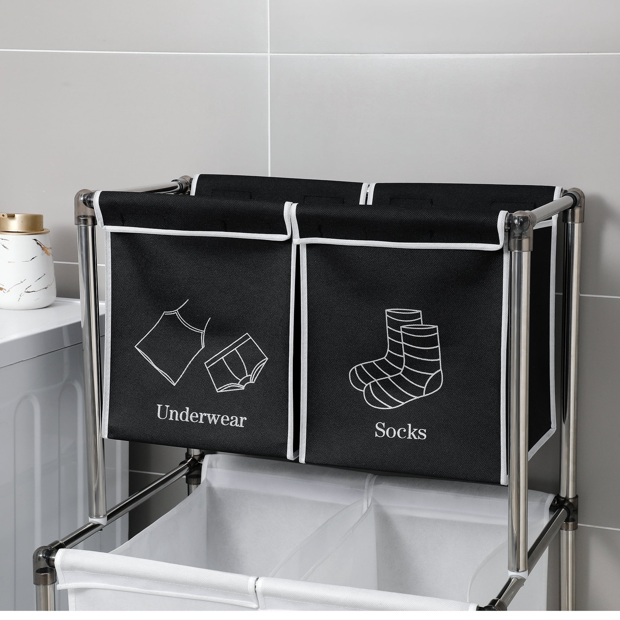2 Tier Laundry Sorter with 4 Removable Bags - Organize Lights, Darks ...