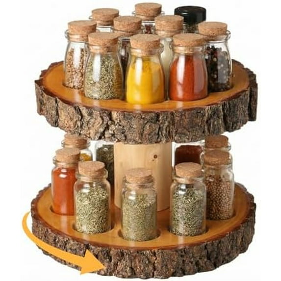 2 Tier Lazy Susan Spice Rack Organizer, 9.5" Wooden Slices Rotating ...