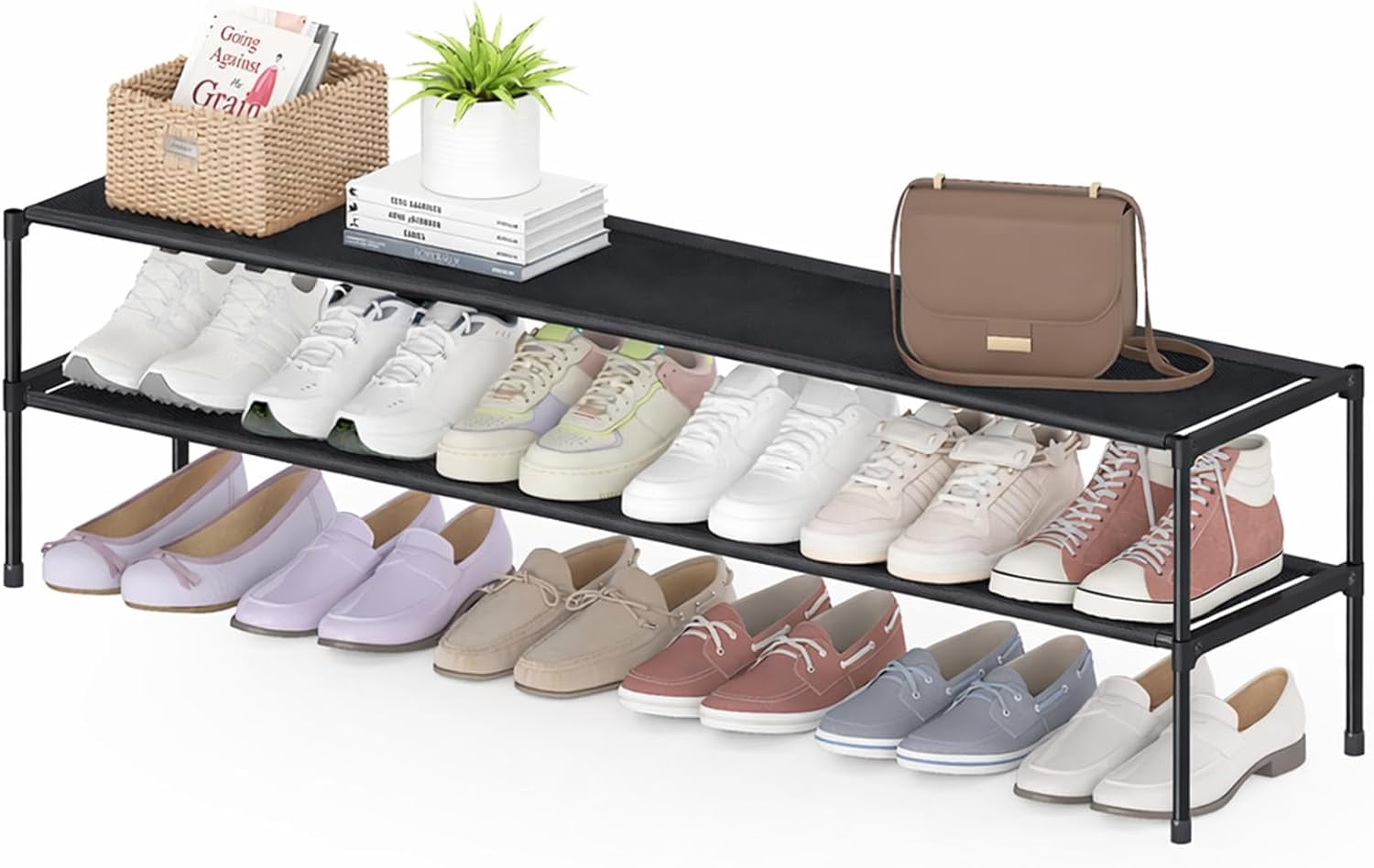2 Tier Long Shoe Rack for Closet, Screw Fastened Connector Shoe Storage ...