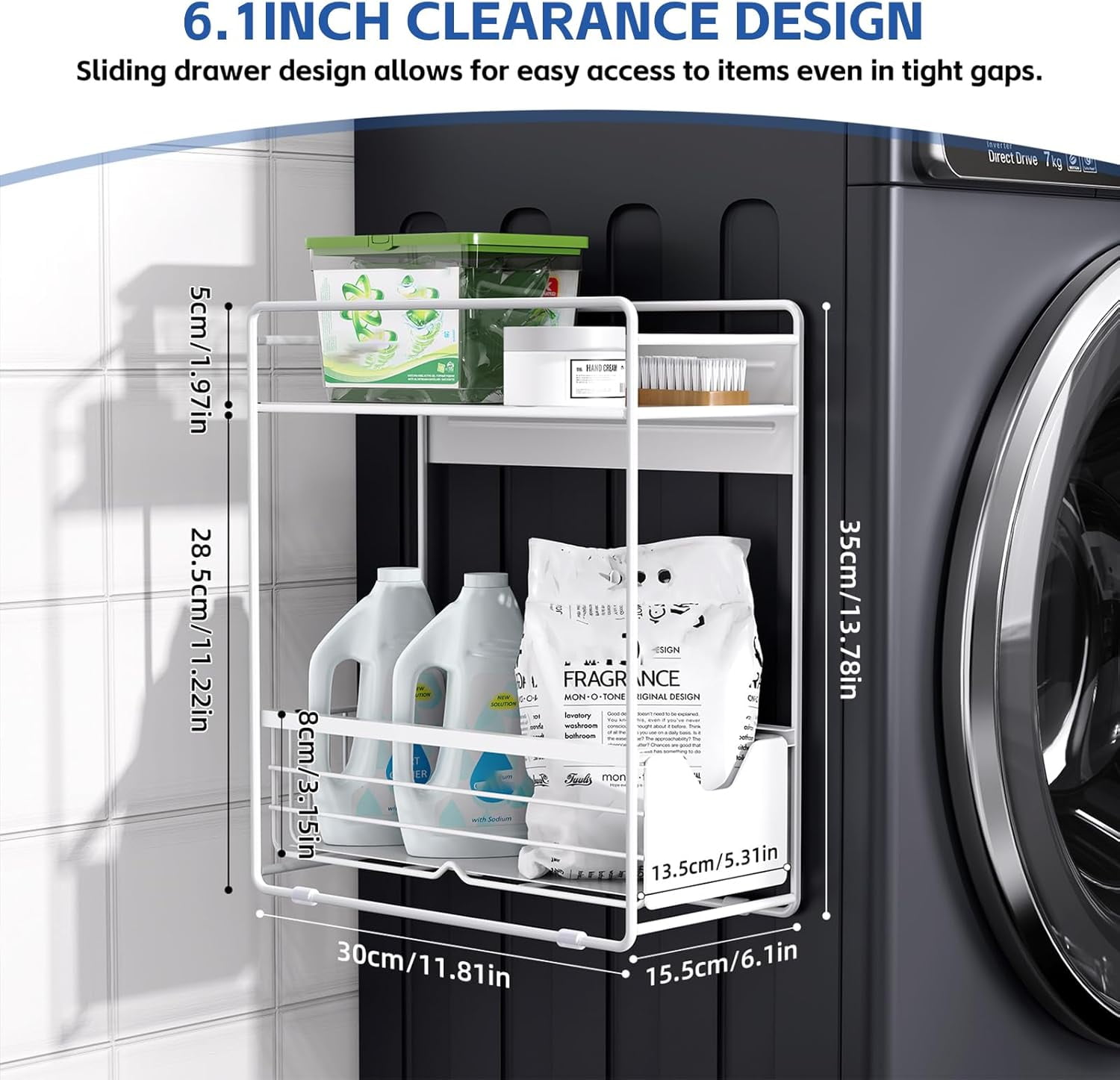 2 Tier Magnetic Shelves for Washing Machine with Pull Out Metal Drawer ...