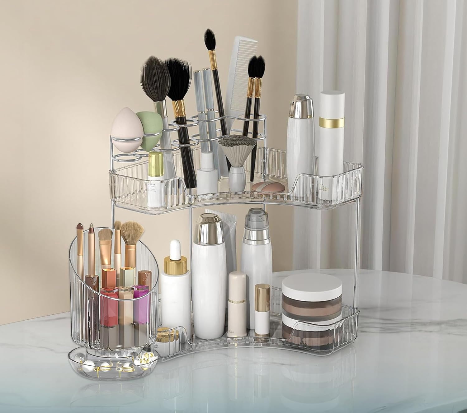2-Tier Makeup Organizer Countertop with Brush Holder—Corner Bathroom ...