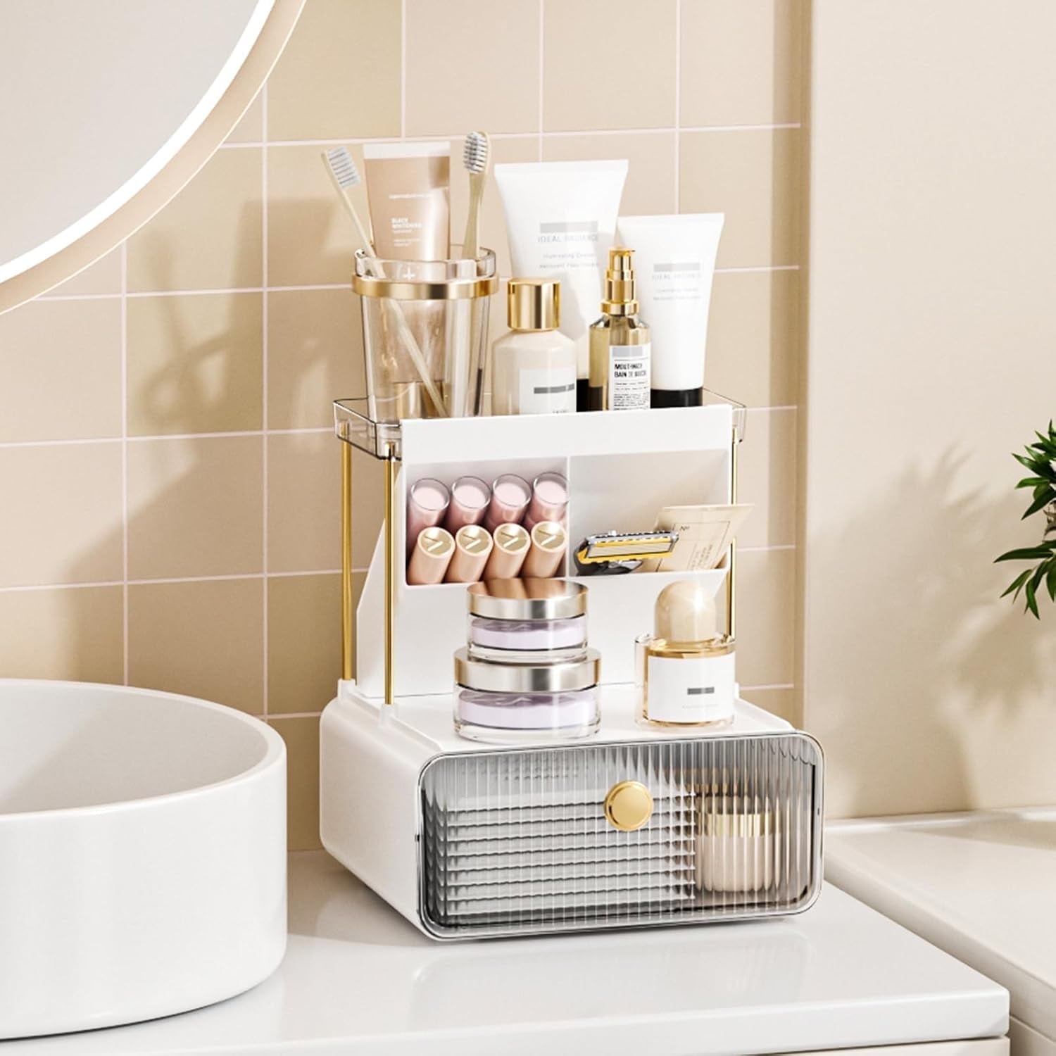 TidyStash 2-Tier Makeup Organizer Countertop with Drawer and Brush ...