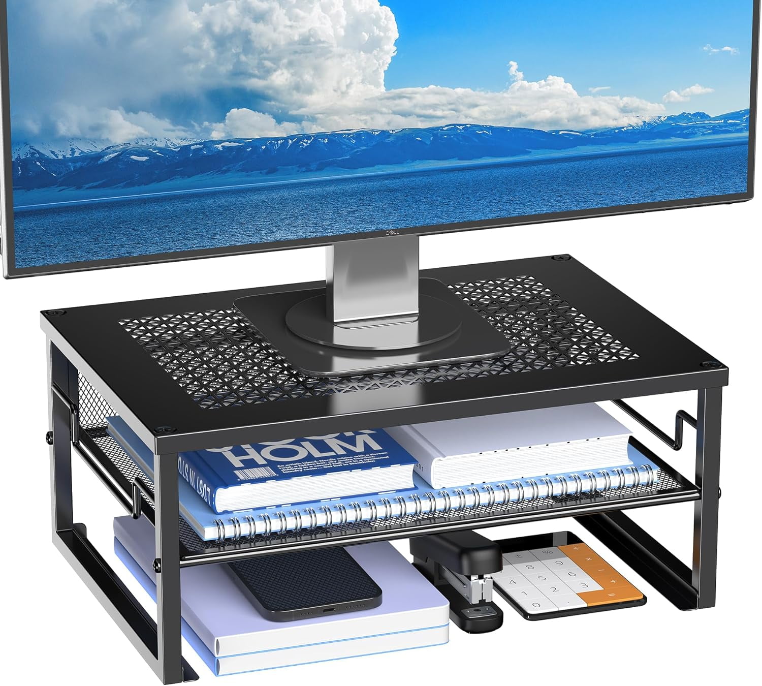 2 Tier Metal Computer Stand Monitor Riser and Computer Desk Organizer ...