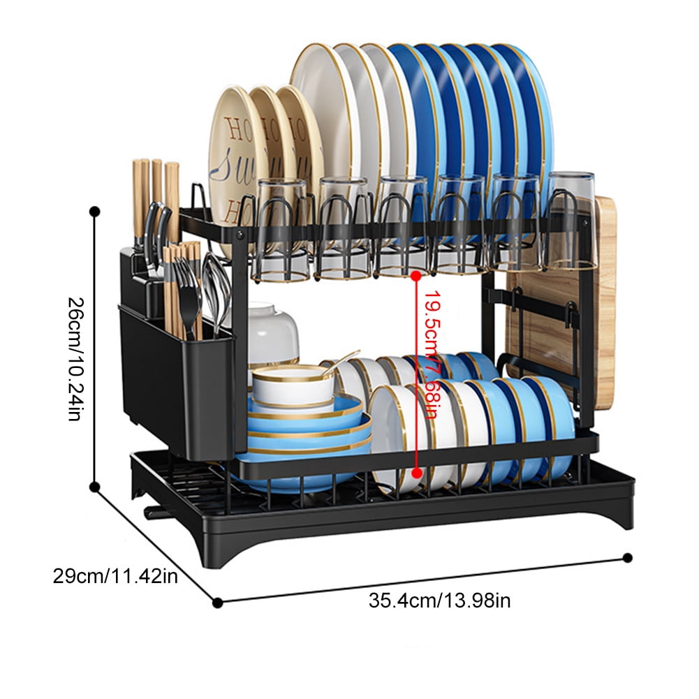 2-Tier Metal Countertop Dish Rack Organizer with Drain Basket - Space ...