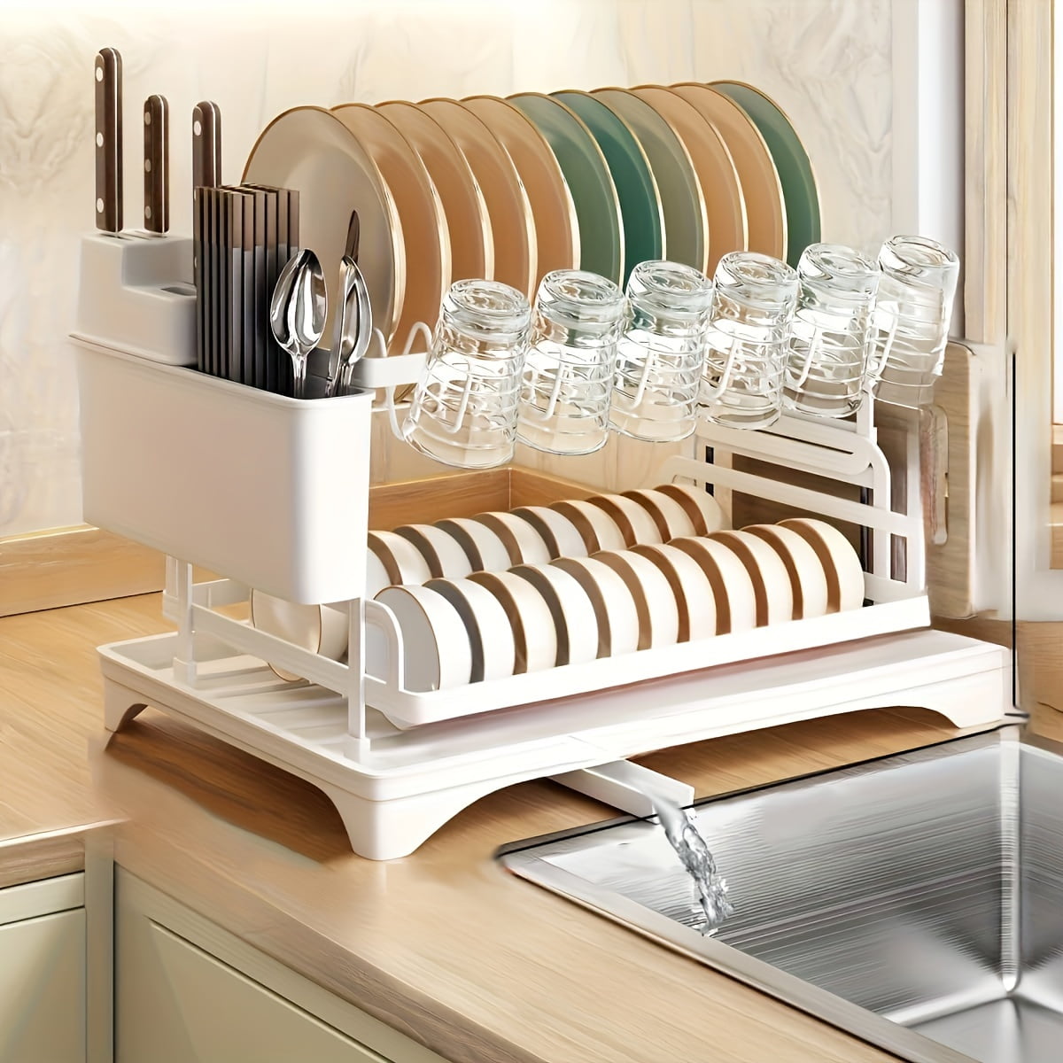 2-Tier Metal Dish Drying Rack with Drainboard | Space-Saving Black ...