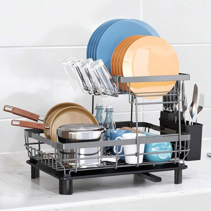 2-Tier Metal Dish Drying Rack with Knife & Utensil Holder ‌ Maximize ...