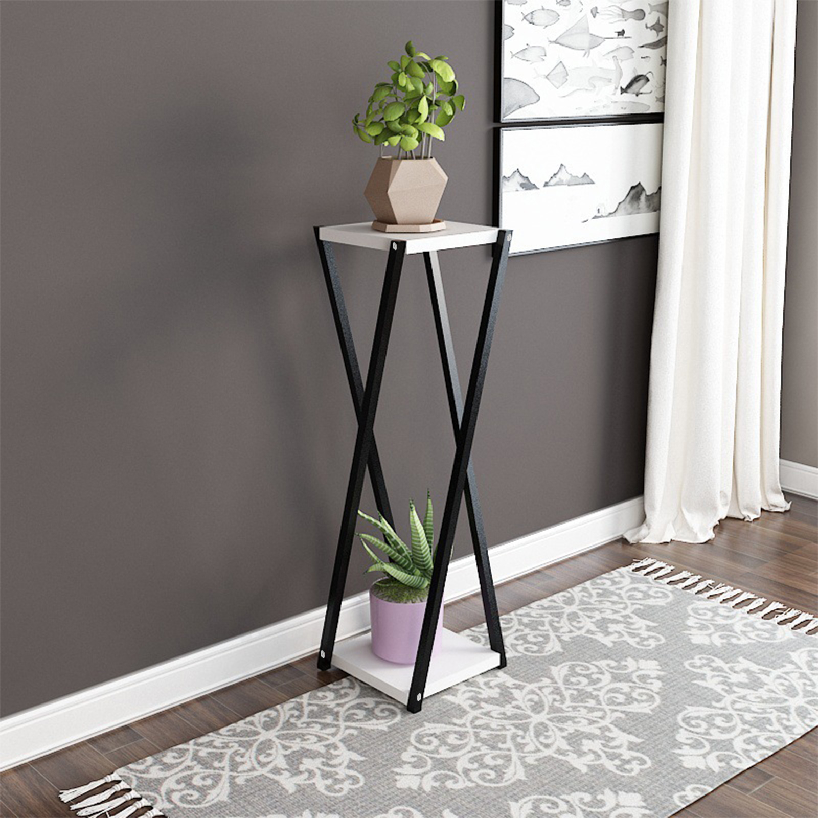 2-Tier Metal Flower Rack Plant Stand Wood Shelves Rack Bonsai Display ...