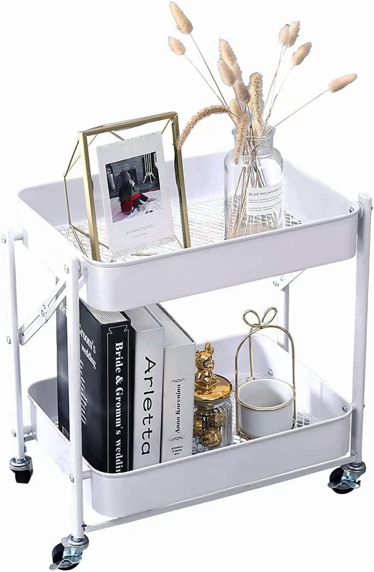 2-Tier Metal Folding Rolling Cart, Mobile Utility Cart Trolley Storage ...