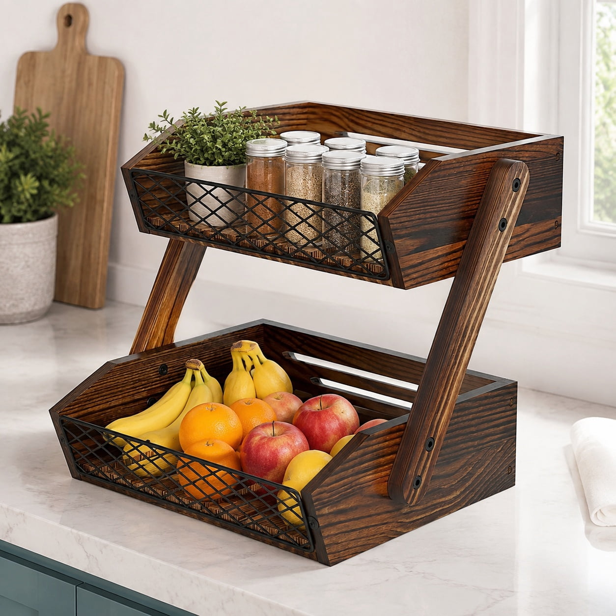 2-Tier Metal Fruit Basket for Kitchen Counter, Durable Fruit Bowl Stand ...
