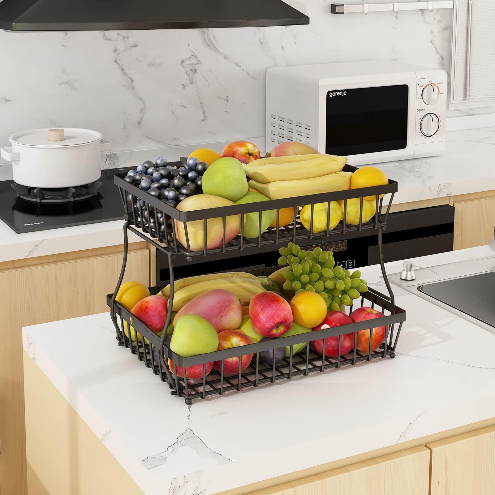 2 Tier Metal Fruit Basket for Kitchen Countertop, Detachable Vegetable Bread Storage Stand ...