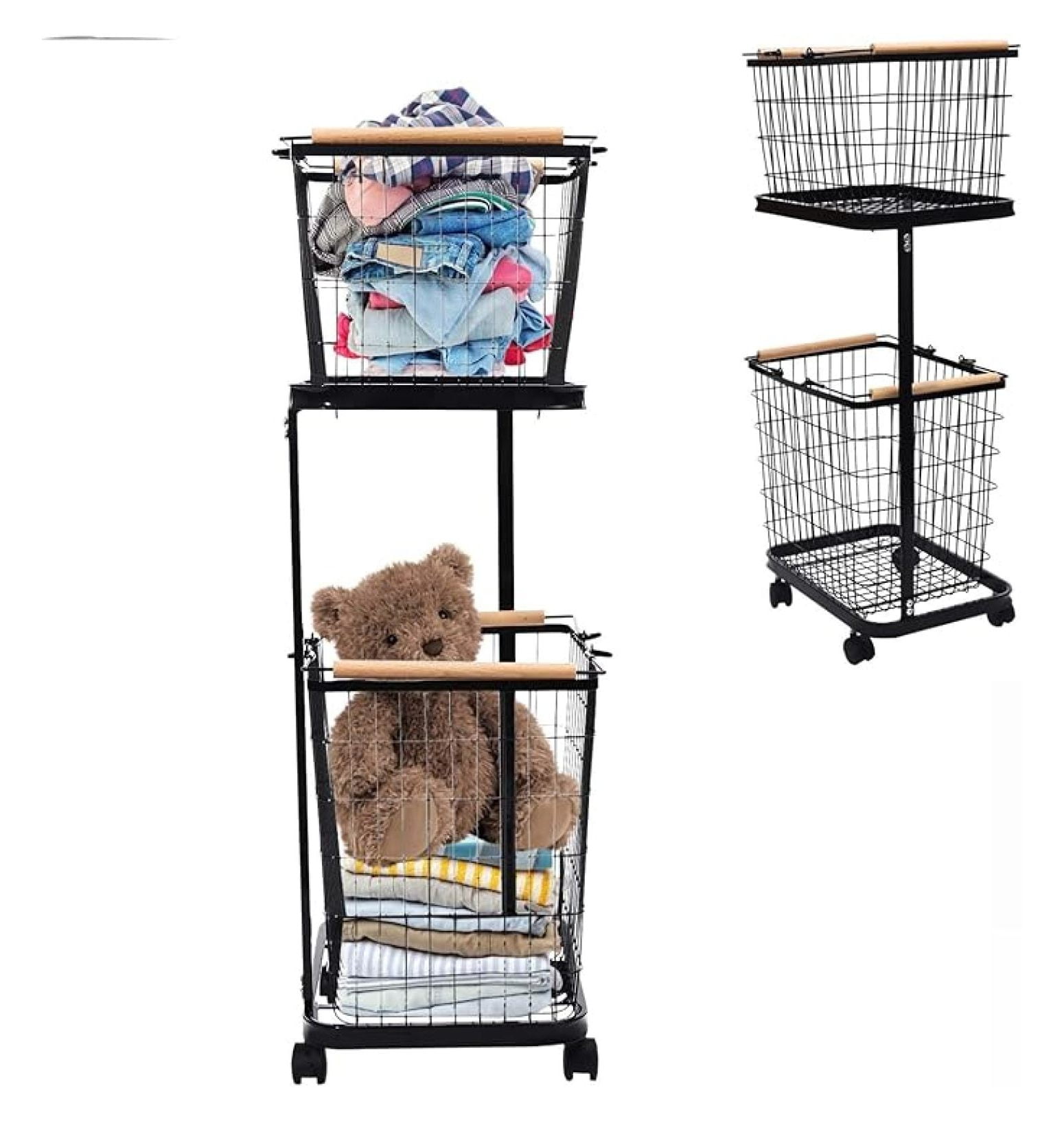 2 Tier Metal Laundry Basket with Wheels, Removable Laundry Storage ...