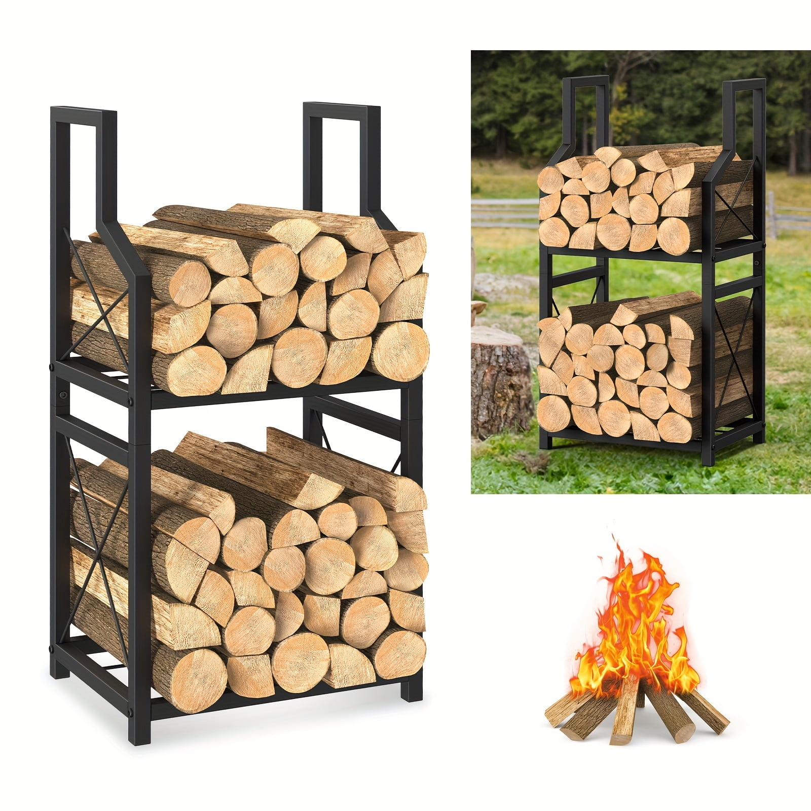 2-Tier Metal Log Holder - Compact, Space-Saving Firewood Rack for ...
