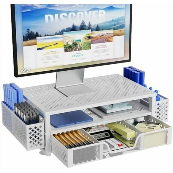 2 Tier Metal Monitor Stand Monitor riser and Computer Desk Organizer ...