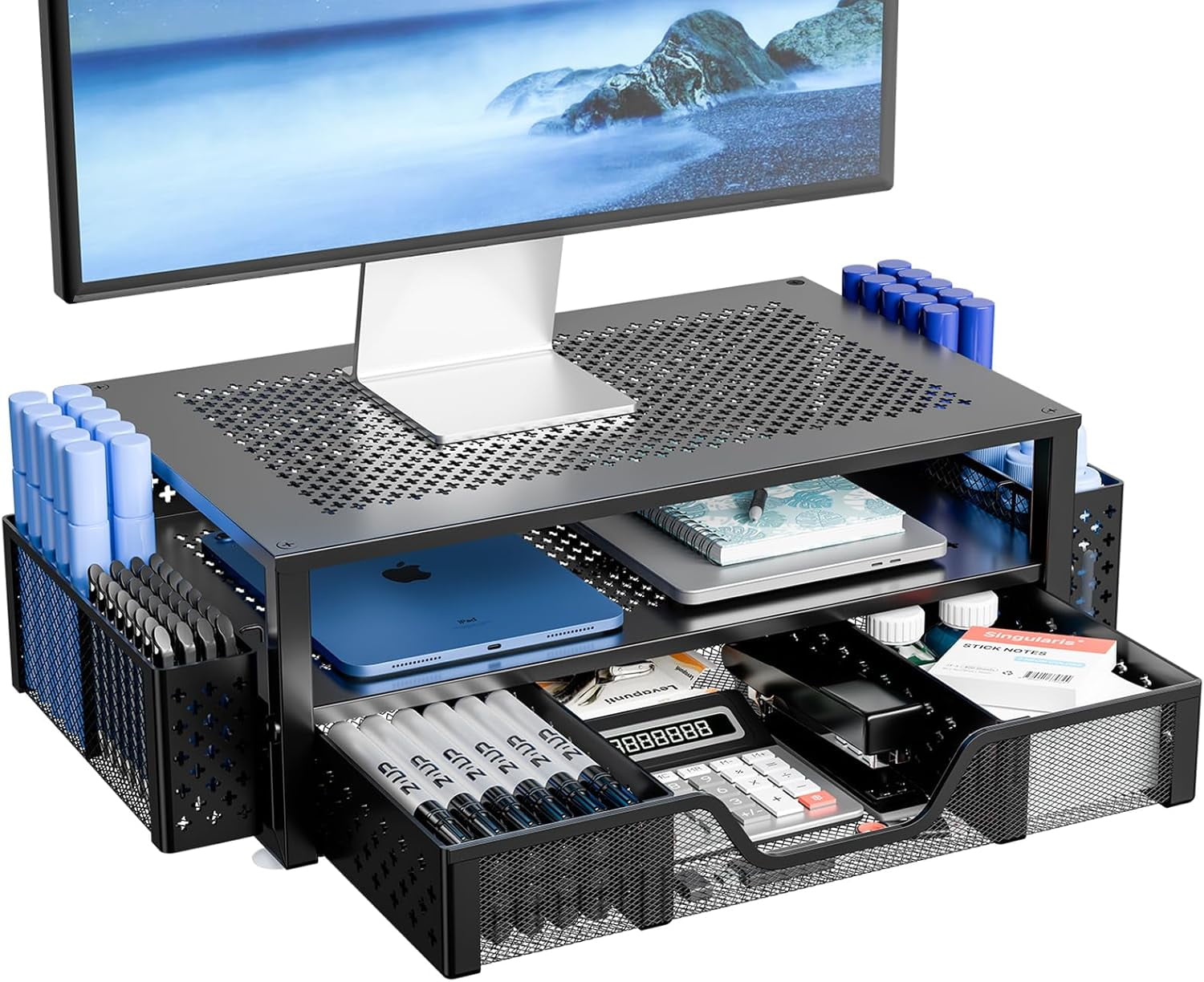 2 Tier Metal Monitor Stand with Drawer & Pen Holder, Computer Desk ...