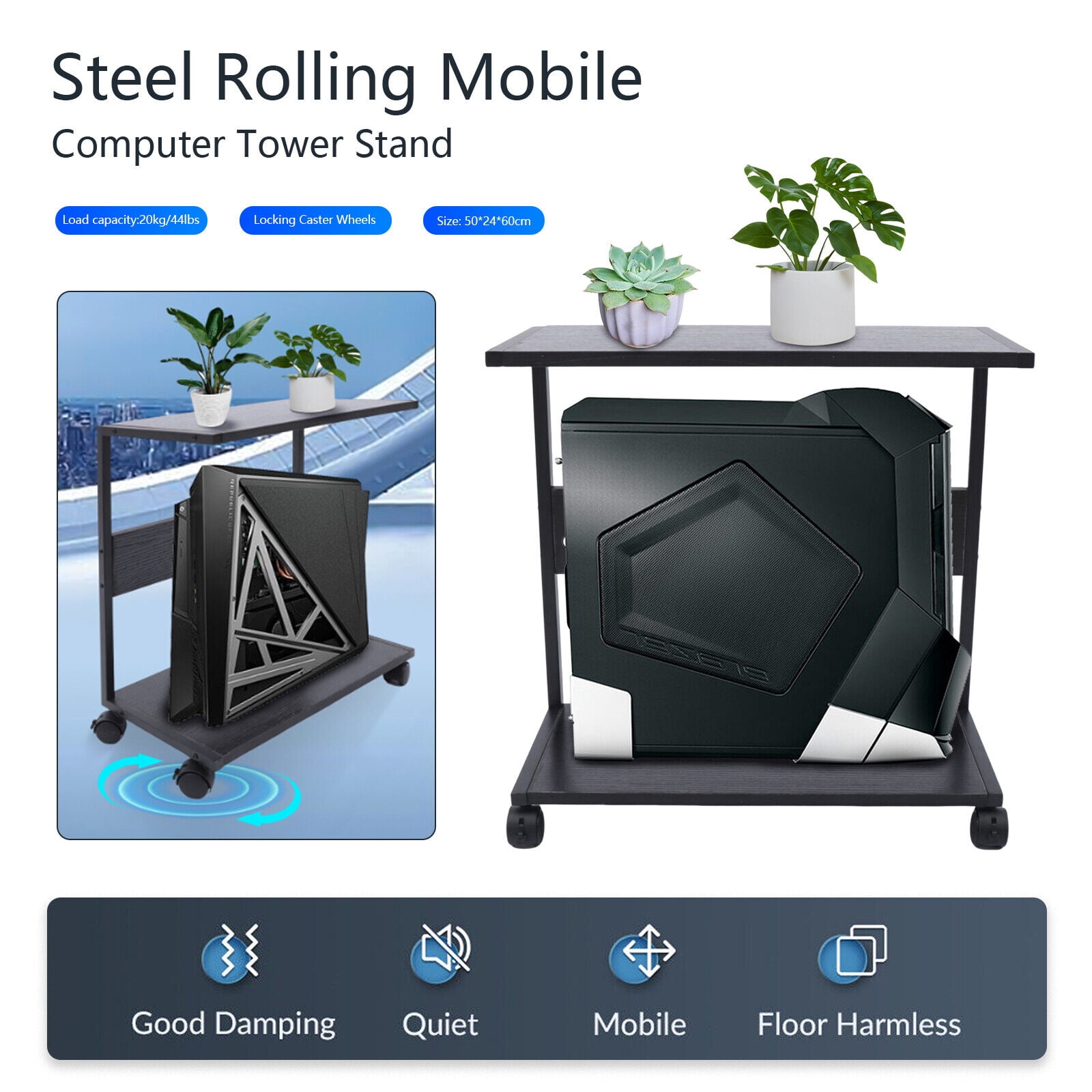 2-Tier Metal PC Desktop Holder CPU Stand Computer Tower with Lockable ...