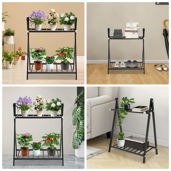2-Tier Metal Plant Stand, Stylish Flower Ladder Shelf for Indoor ...