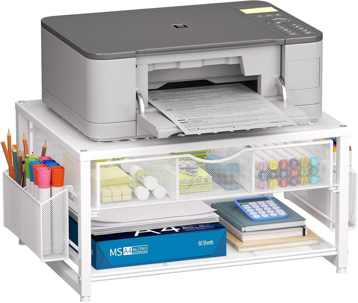 2-Tier Metal Printer Stand with Storage Drawer, Pen Holders and Desktop ...