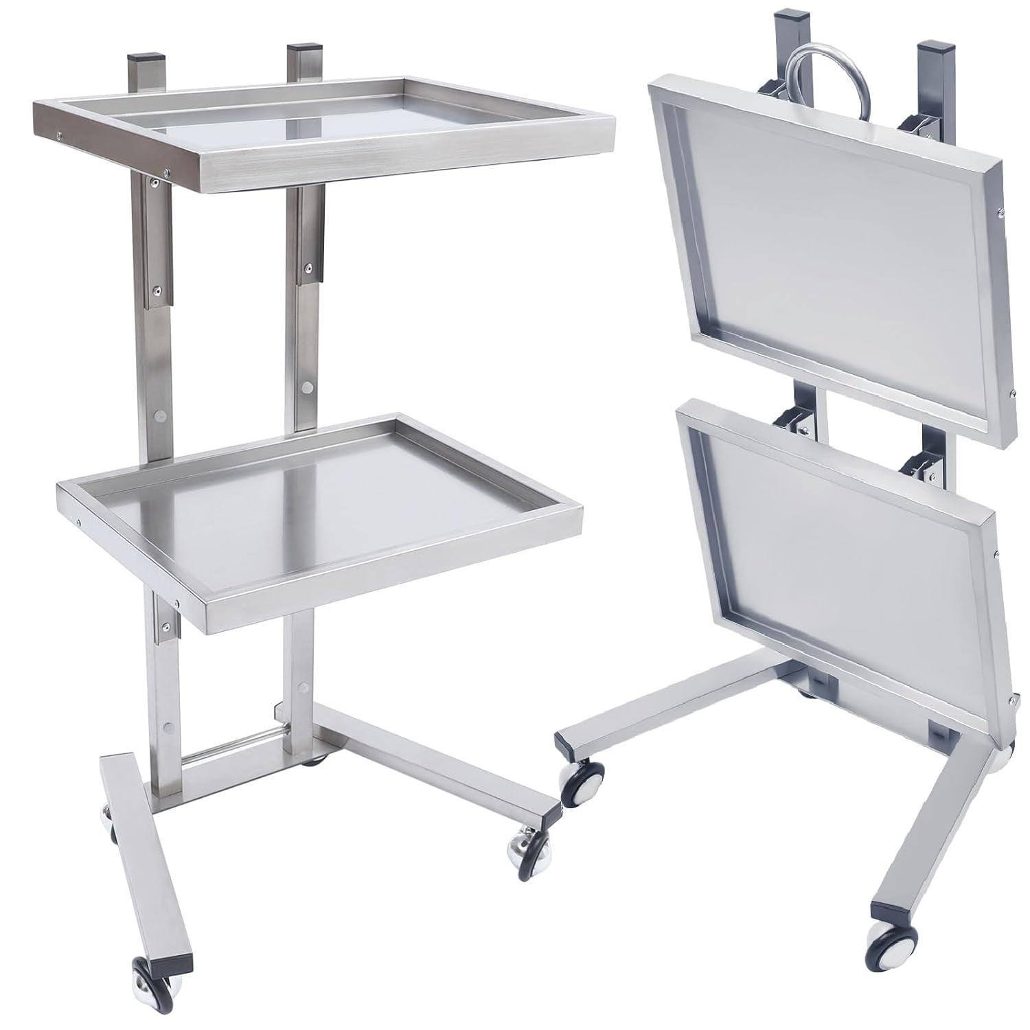 2 Tier Metal Rolling Cart, Stainless Steel Tray with Wheels, Foldable ...