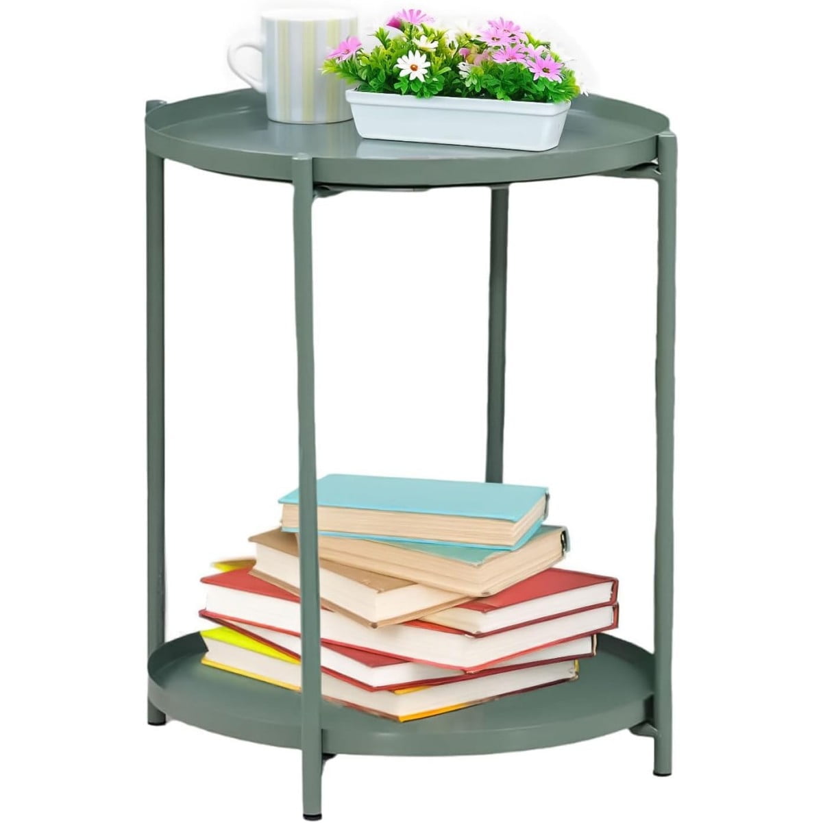2-Tier Modern Green Accent Table with Removable Tray for Living Room ...