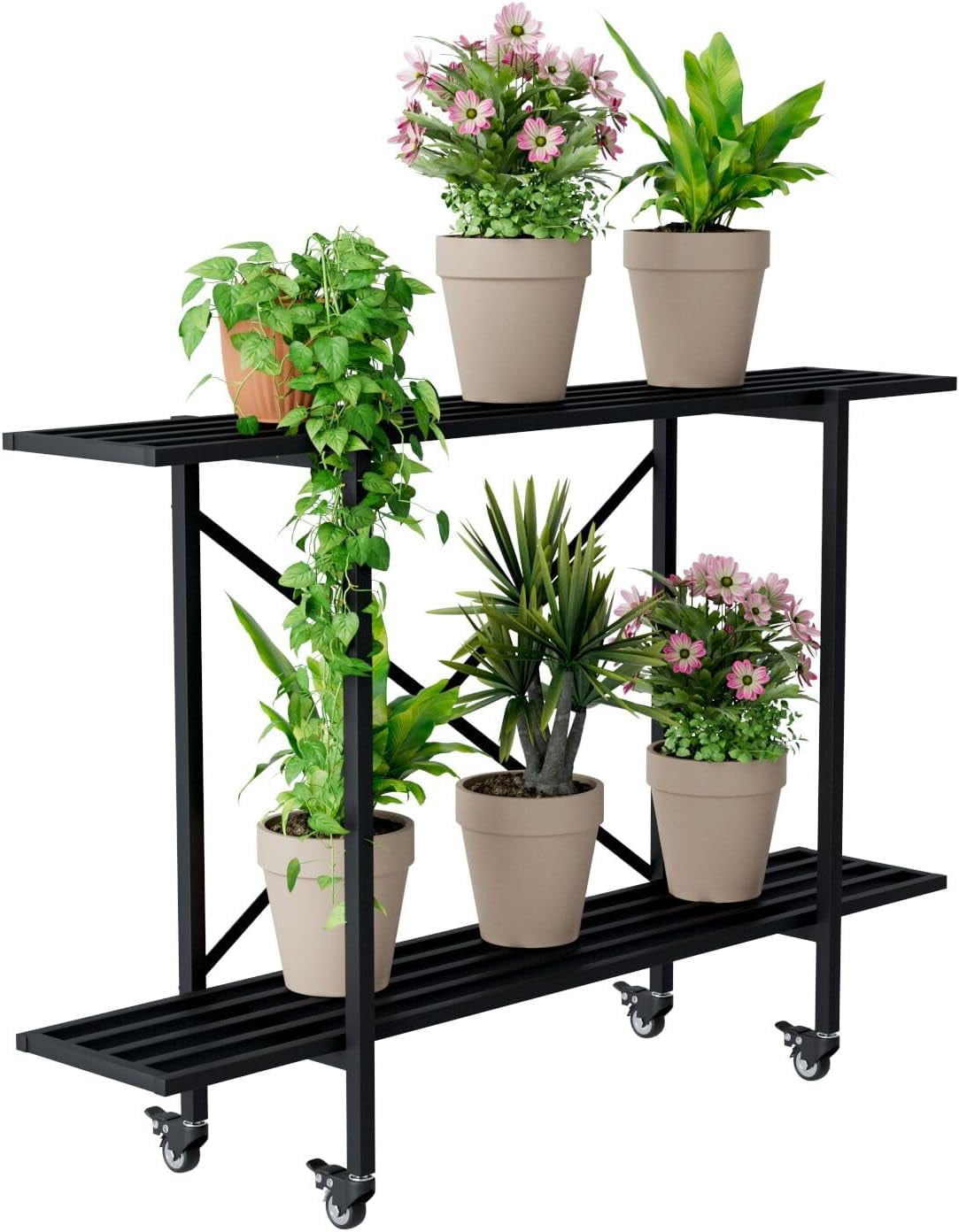 2 Tier Metal Sturdy Narrow Plant Stand with Wheels, Plant Stand Indoor ...