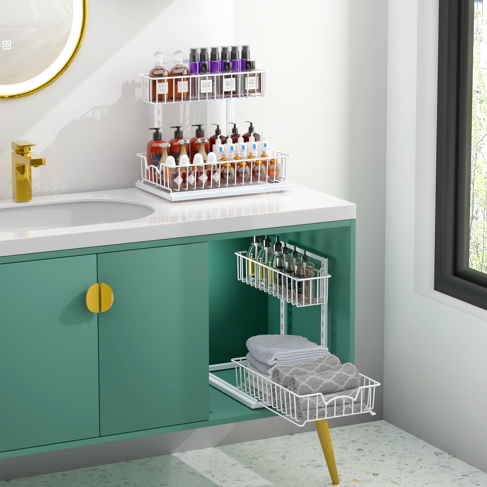 2-Tier Metal Under Sink Organizer, Pull Out Cabinet Organizer Sliding ...